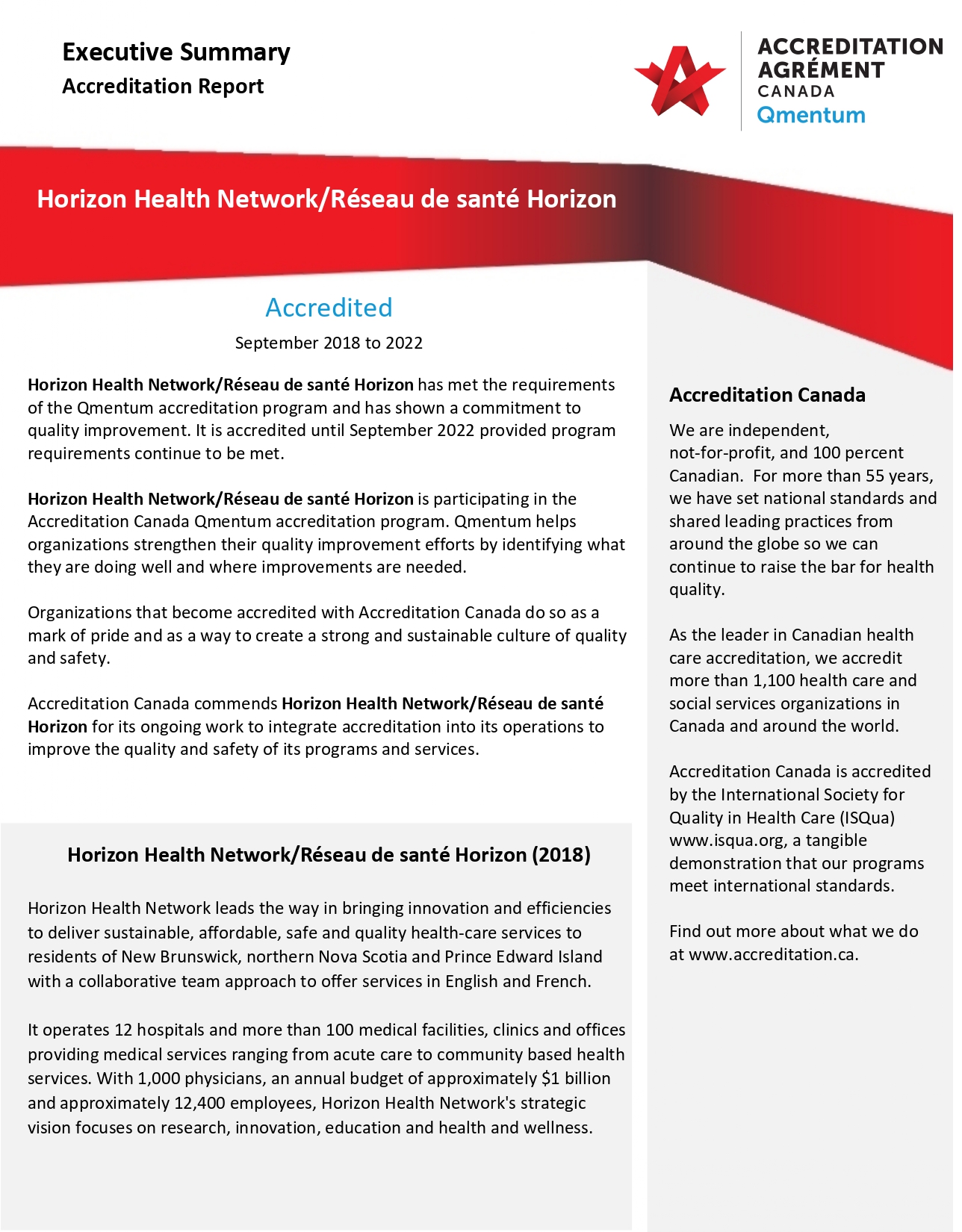 2018 Accreditation Report – Summary - Horizon Health Network